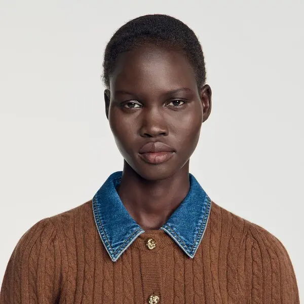 Sandro Cable Knit Cardigan With Removable Denim Collar - Brown