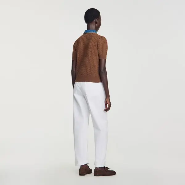 Sandro Cable Knit Cardigan With Removable Denim Collar - Brown