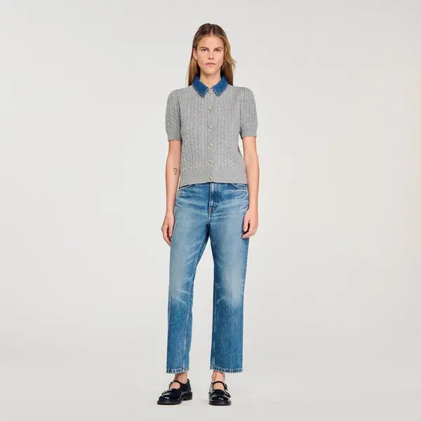 Sandro Short-sleeve Cardigan With Detachable Denim Collar - Grey