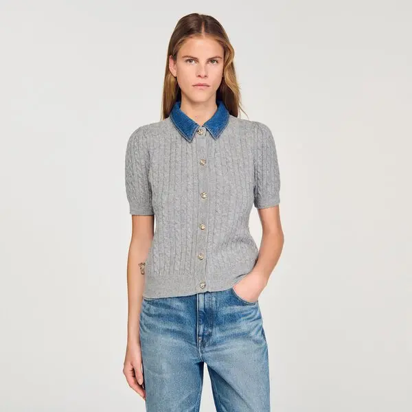 Sandro Short-sleeve Cardigan With Detachable Denim Collar - Grey
