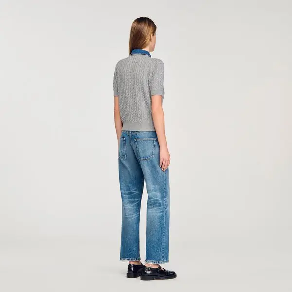 Sandro Short-sleeve Cardigan With Detachable Denim Collar - Grey