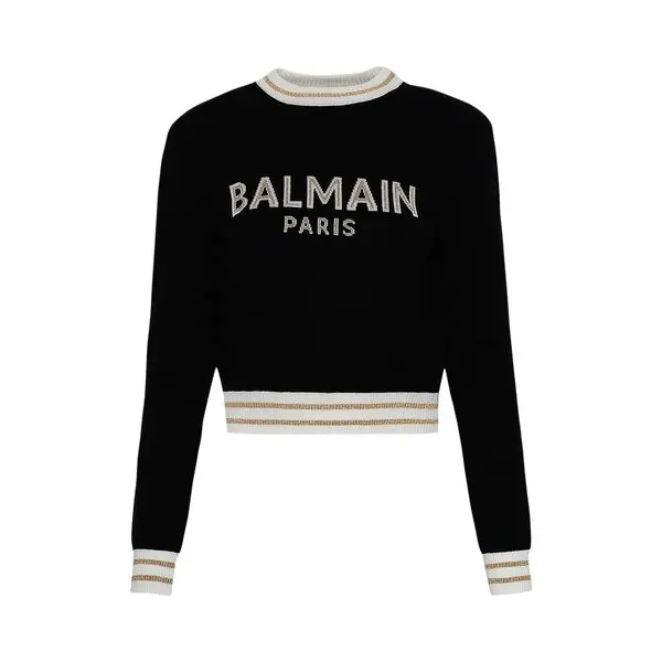 Balmain Logo Intarsia Knitted Cropped Jumper