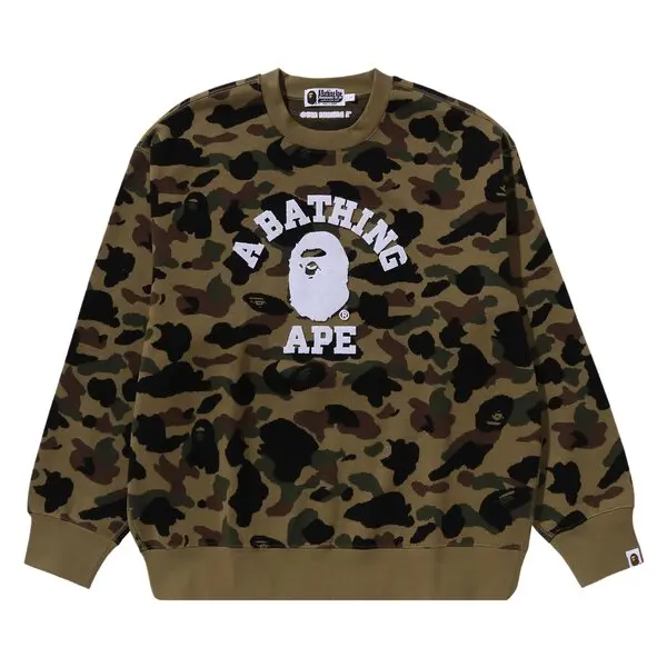 A BATHING APE 1st Camo Jacquard College Relax Fit Crewneck Sweatshirt - Green