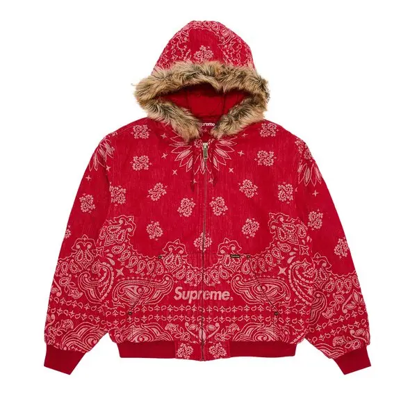 Supreme Bandana Jacquard Denim Hooded Work Jacket - Red