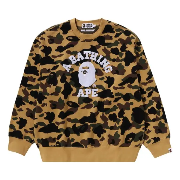 A BATHING APE 1st Camo Jacquard College Relax Fit Crewneck Sweatshirt - Yellow