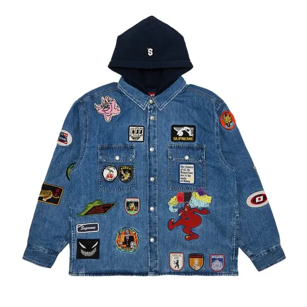 トップス supreme hooded denim shirt black size M Supreme Patches Hooded Zip Up Shirt - Blue | Editorialist