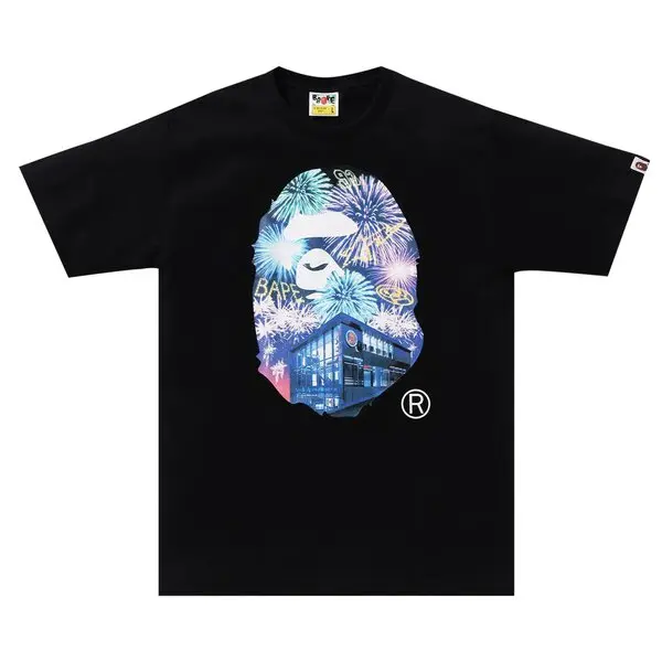 A BATHING APE Ape Head Photo Firework Tee - Black