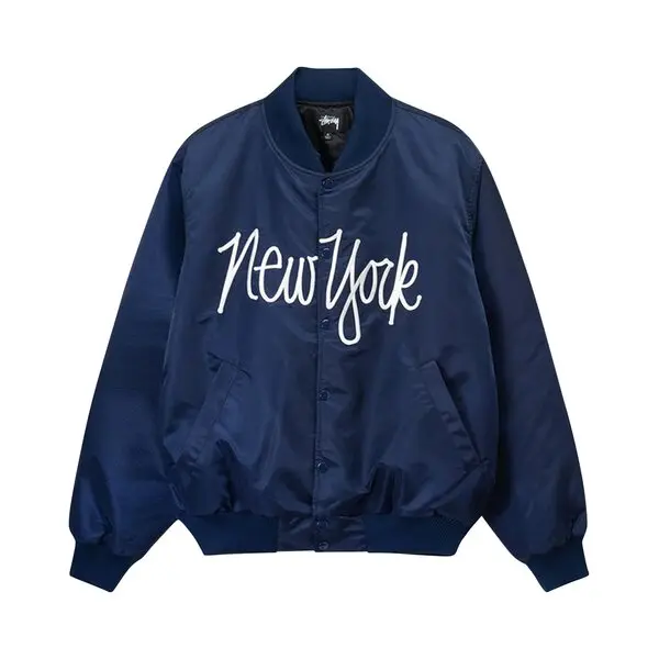 StüSsy La Chapter Satin Varsity Jacket - Blue | Editorialist