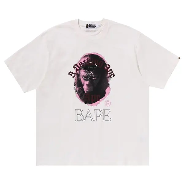 A BATHING APE Garment Dye Rhinestone Ape Head Relaxed Fit Tee - Cream