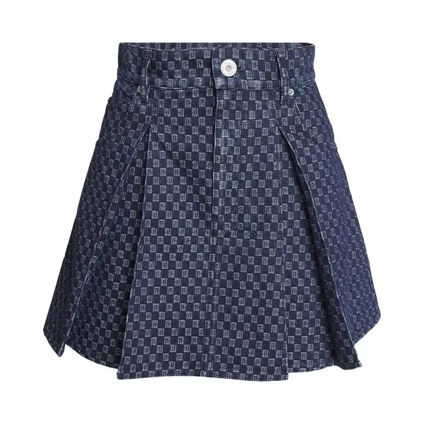 Balmain Mini Monogram Denim Flare Skirt