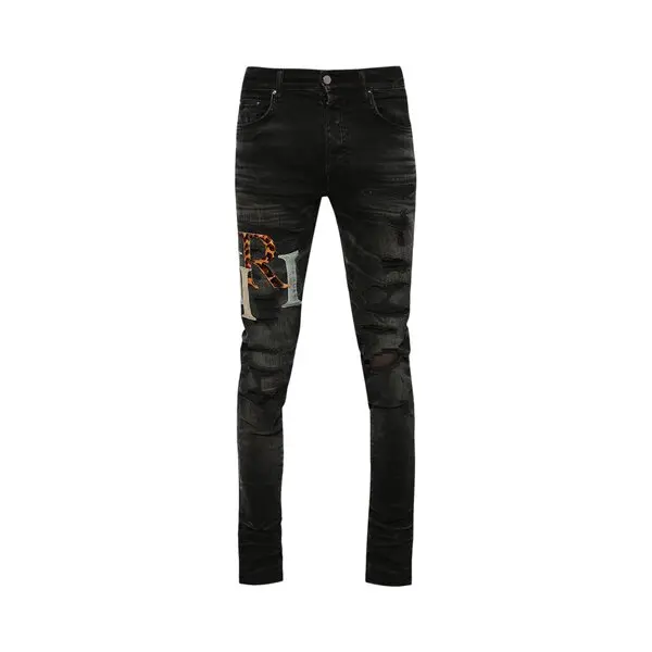 Amiri Multi Leather Staggered Logo Jean - Black