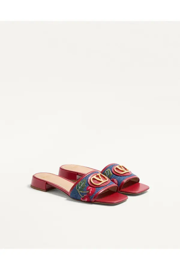 Valentino Garavani Vlogo Signature Slide Sandal With Embroidery - Denim