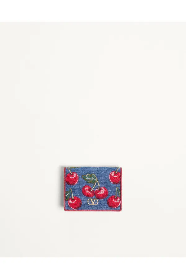 Valentino Garavani Vlogo Signature Wallet With Cherryfic Embroidery - Denim
