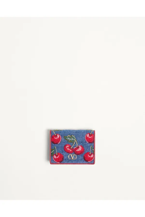 Valentino Garavani Vlogo Signature Wallet With Cherryfic Embroidery - Denim