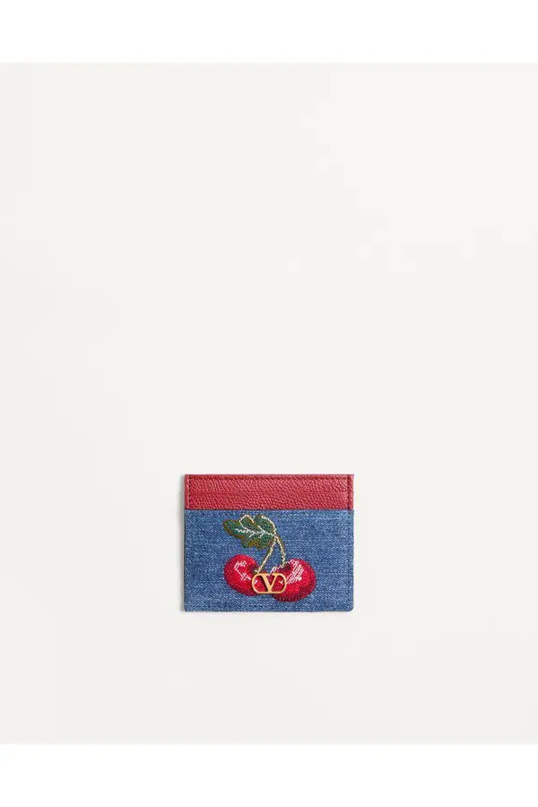 Valentino Garavani Vlogo Signature Cardholder With Cherryfic Embroidery - Denim