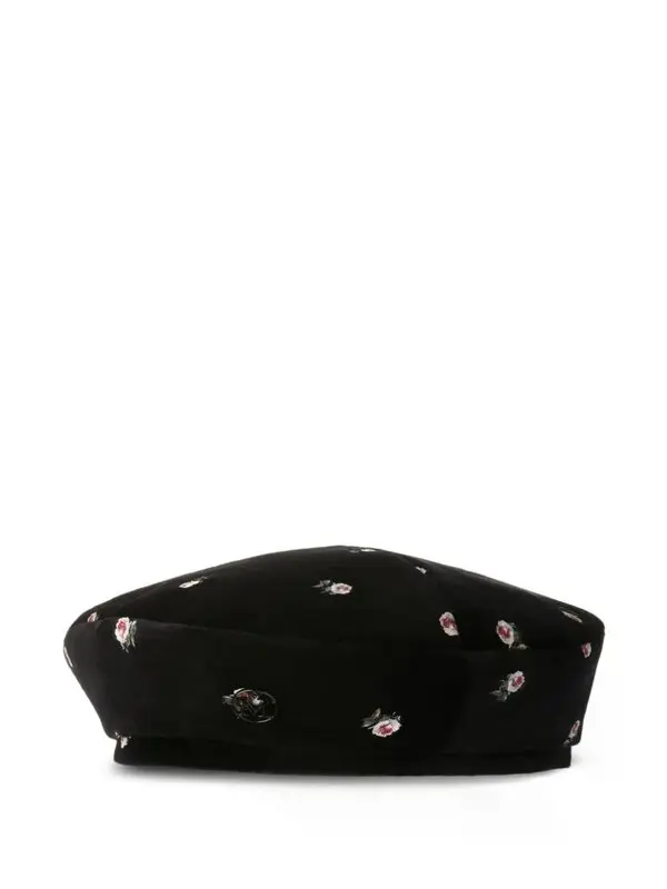 MAISON MICHEL Floral-embroidered Beret - Black