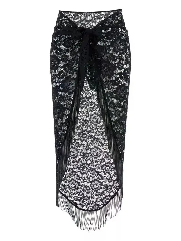 VENUJA Lace Fringed Midi Skirt - Black