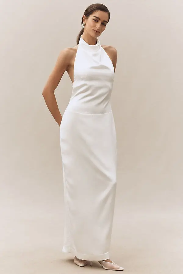 Bhldn High-neck Satin Column Maxi Dress - Champagne