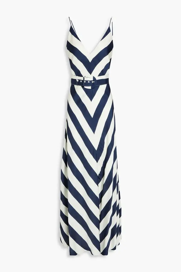 NICHOLAS Belted Striped Satin-twill Maxi Dress