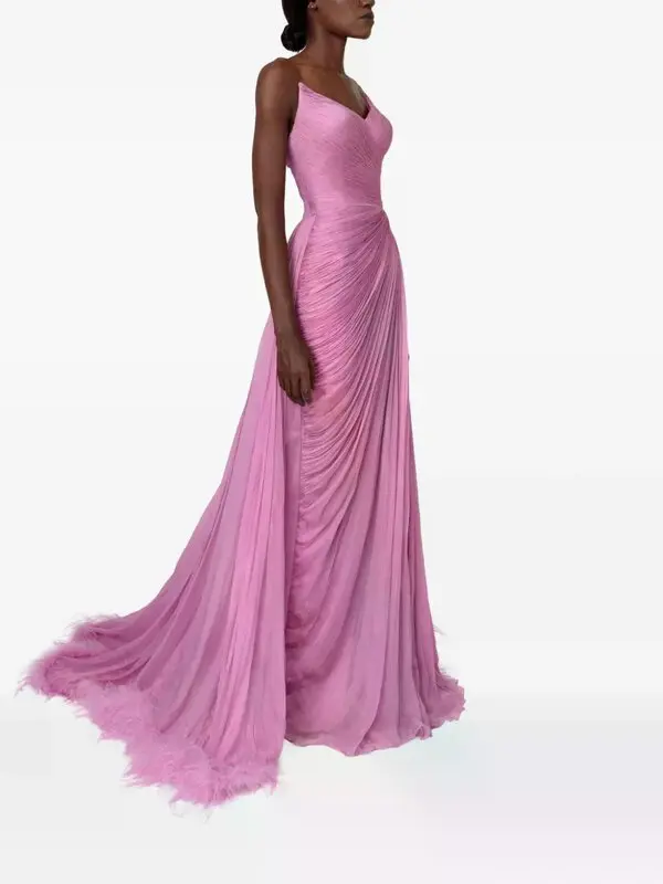 IRIS SERBAN Feather-trimmed Pleated Maxi Dress
