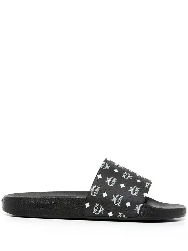 Mcm Monogram-print Slides - Black