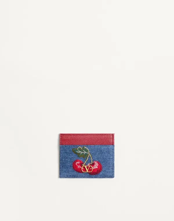Valentino Garavani Vlogo Signature Denim Cardholder With Cherryfic Embroidery - Denim/multicolour