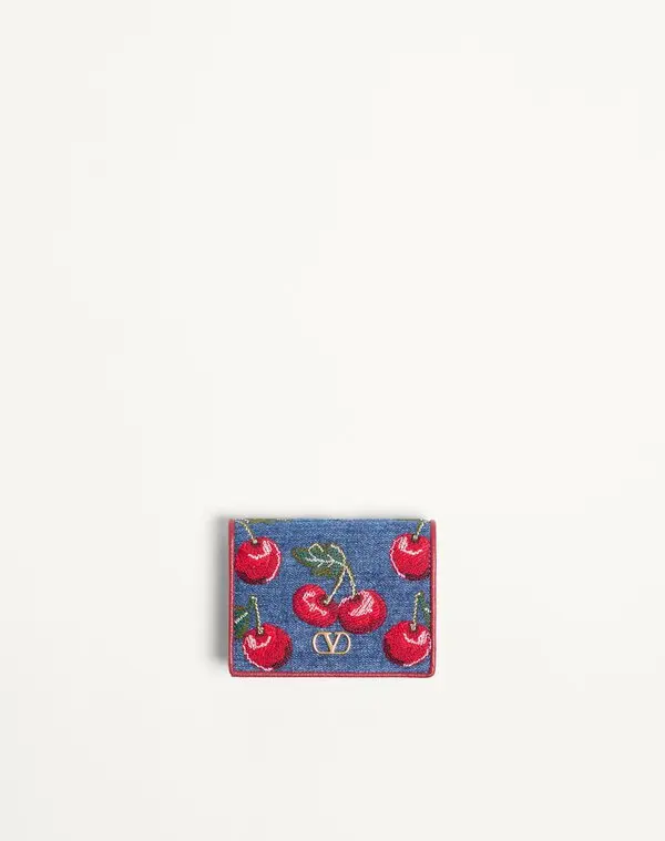 Valentino Garavani Vlogo Signature Denim Wallet With Cherryfic Embroidery - Denim/multicolour