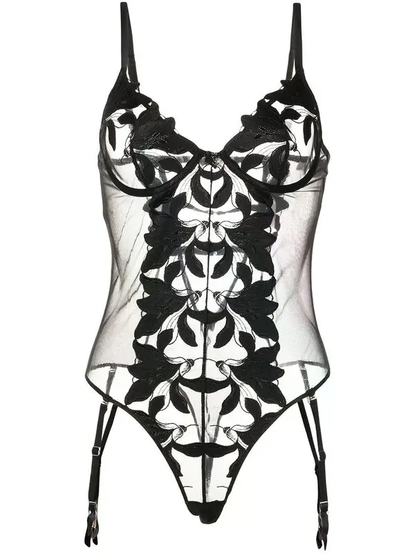FLEUR DU MAL Lily Embroidered Cupped Bodysuit - Black