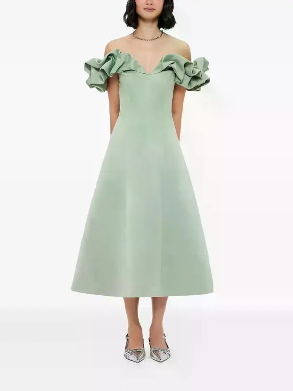 Leo Lin Ruffle-Shoulder Midi Dress In Green - 40% Off | Editorialist