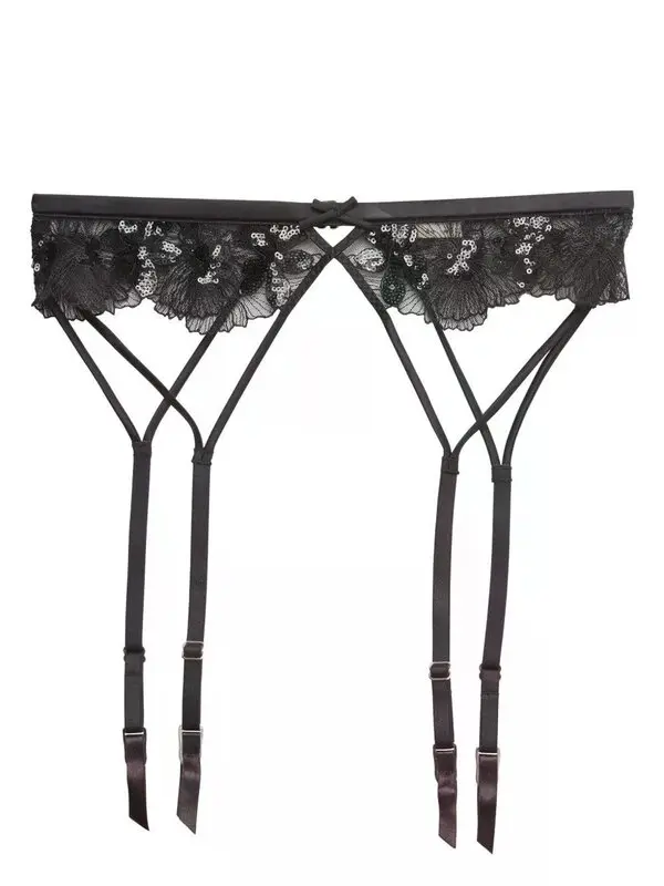 FLEUR DU MAL Sequin Violet Floral-lace Garter Belt - Black