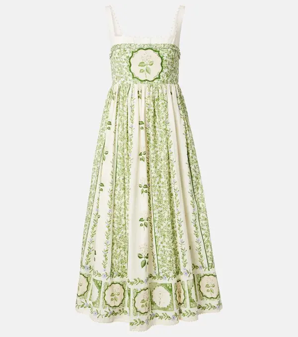 Agua Bendita Barbara Floral Cotton Midi Dress - Green