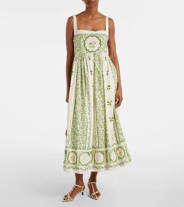 Agua Bendita Barbara Floral Cotton Midi Dress - Green