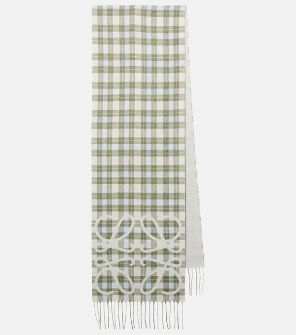 Loewe Anagram Checked Silk And Cashmere Scarf - Grey
