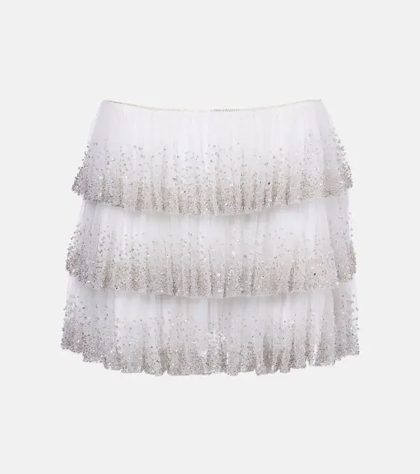CLIO PEPPIATT Evie Beaded Tiered Tulle Miniskirt - White