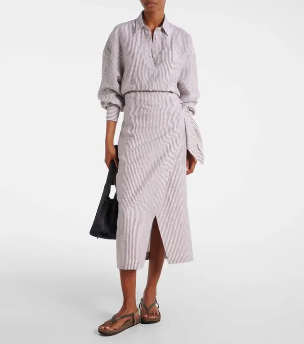 Brunello Cucinelli Striped Linen Wrap Skirt