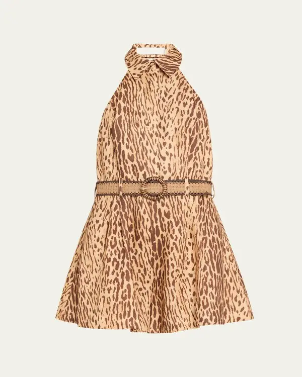 Zimmermann Cascadian Belted Halterneck Playsuit - Tan Leopard