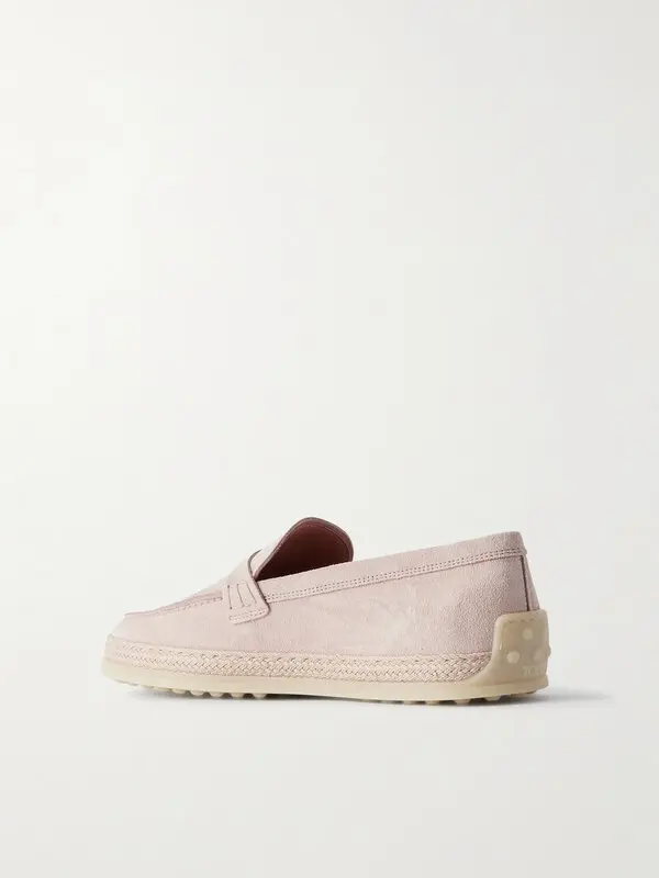TOD'S Raffia-trimmed Suede Loafers - Pink