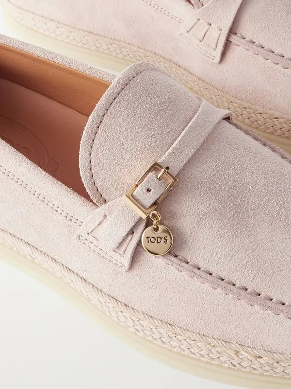 TOD'S Raffia-trimmed Suede Loafers - Pink