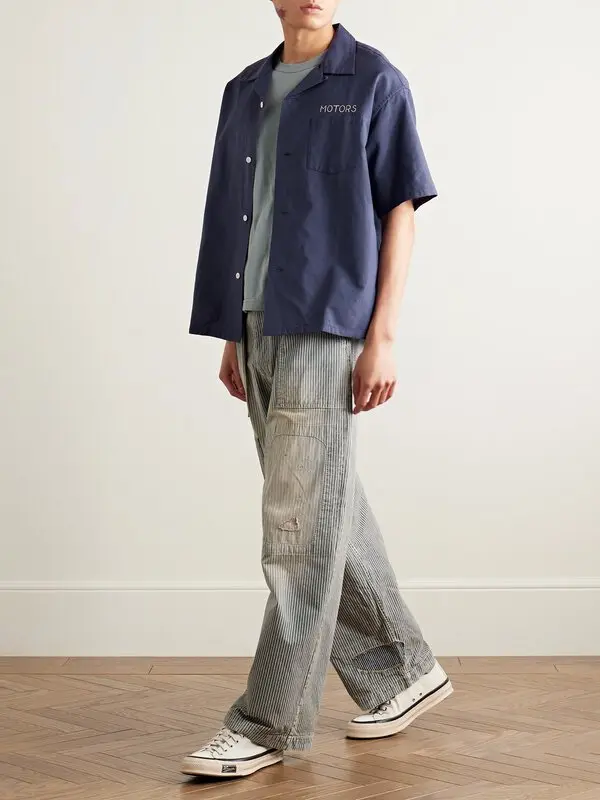 Visvim Crosby Convertible-collar Embroidered Wool And Linen-blend Shirt - Blue