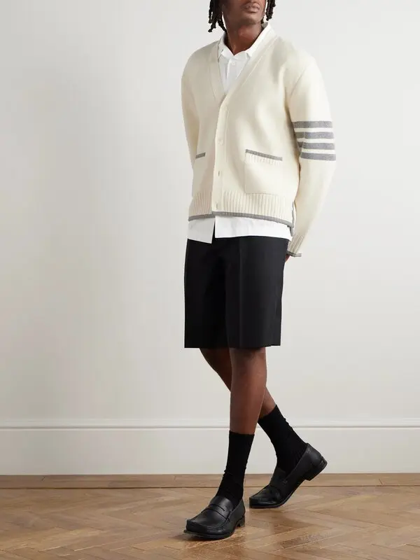 Thom Browne Grosgrain-trimmed Striped Virgin Wool Cardigan - White