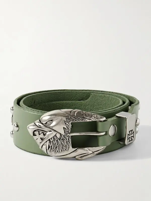 Enfants Riches Déprimés 4.5cm Eagle Petit Iron Cross Studded Leather Belt - Green
