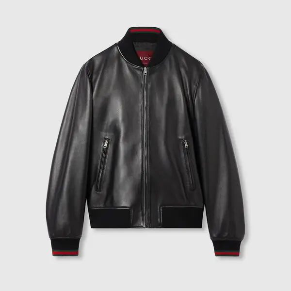 Gucci Leather Bomber Jacket With Web