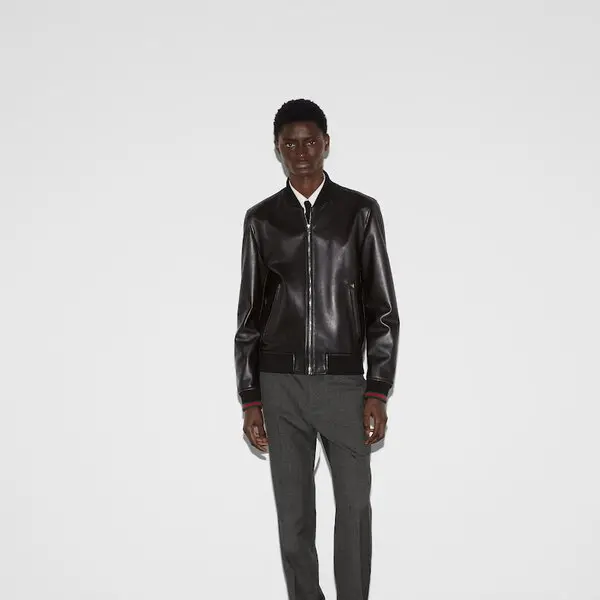 Gucci Leather Bomber Jacket With Web