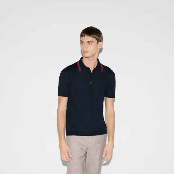 Gucci Wool Knit Polo Shirt With Web - Blue
