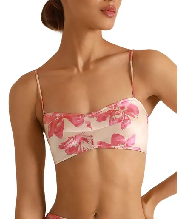 Kiki De Montparnasse Papillon Et Orchidee Silk Lounge Bandeau Top - Blush / Rose Print