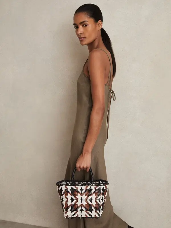 REISS Margot Small Leather Woven Tote Bag