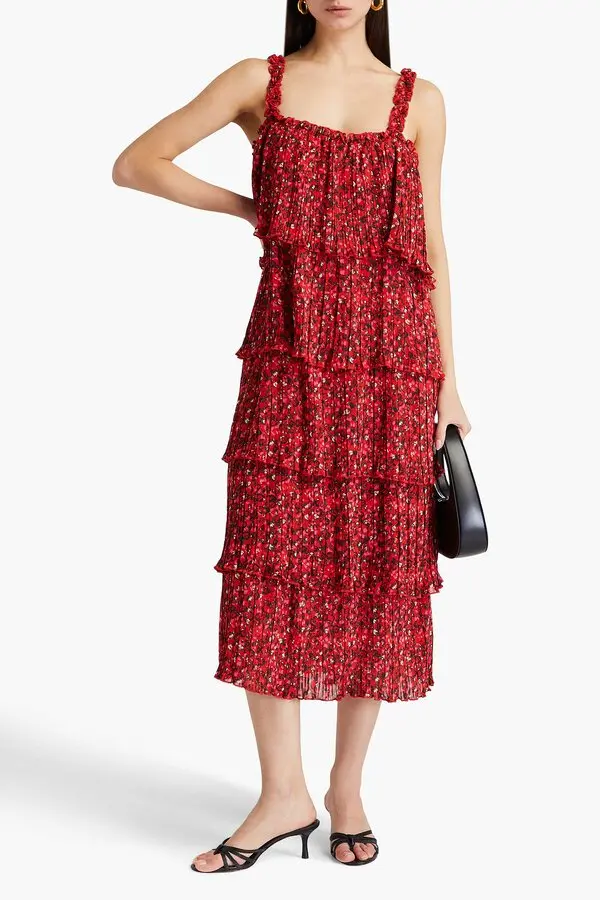 GANNI Floral-print Plissé Chiffon Midi Dress
