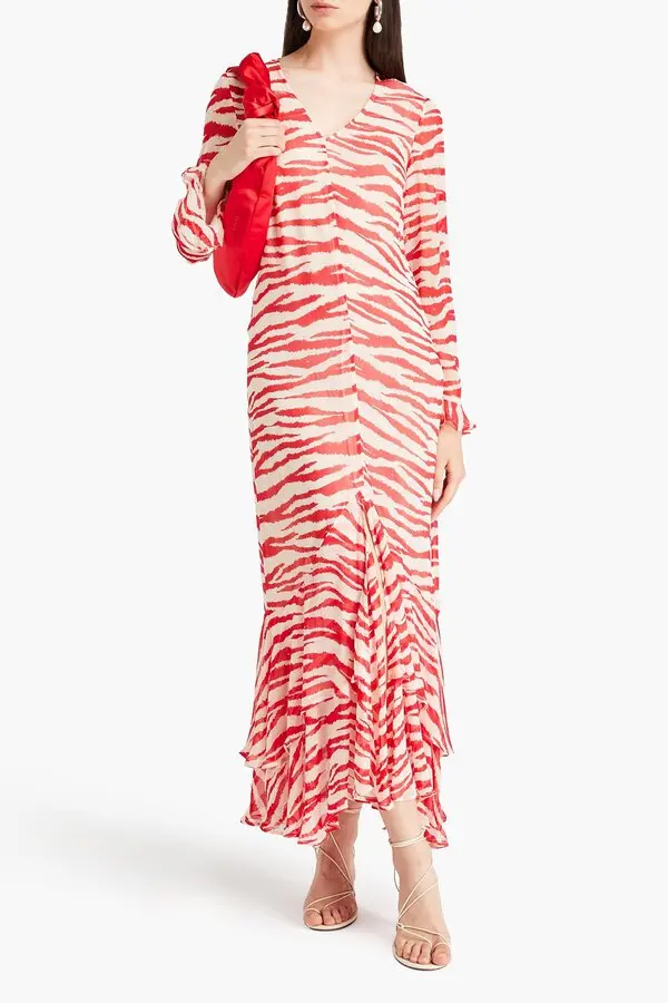 GANNI Ruffled Tiger-print Chiffon Maxi Dress