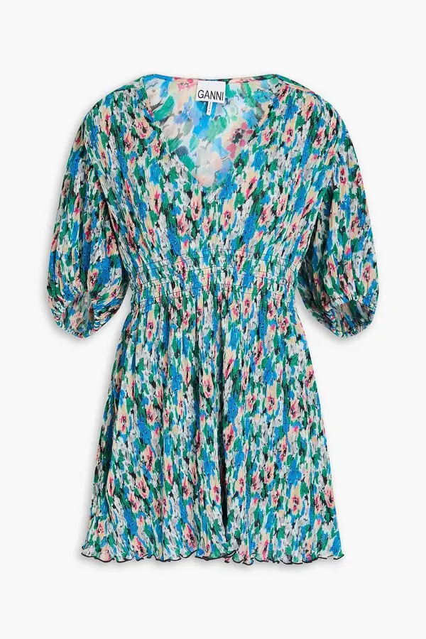 Ganni Floral-Print Pliss Chiffon Mini Dress In Azure - 70% Off |  Editorialist