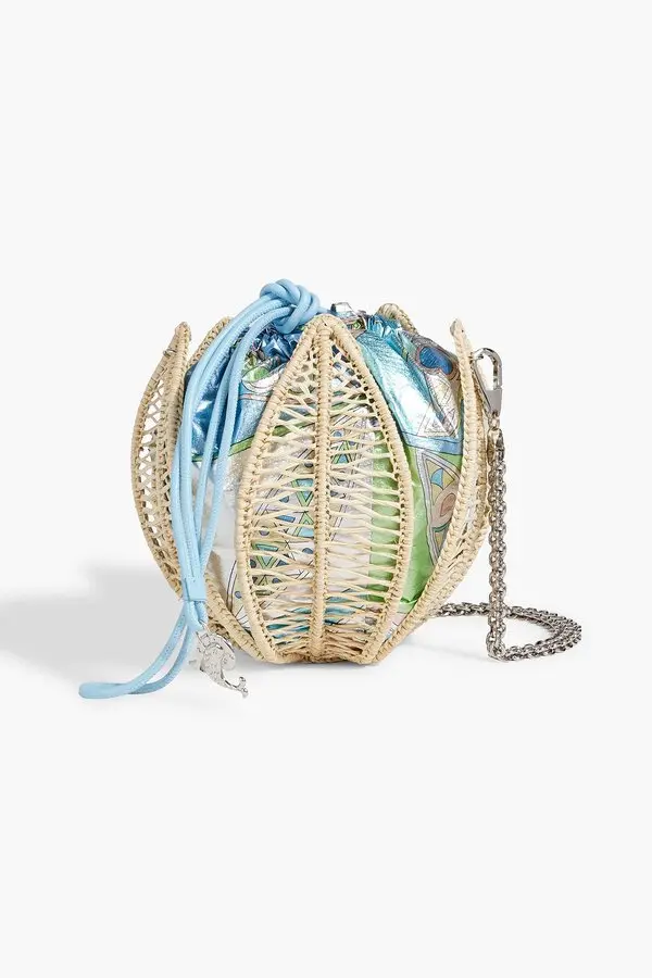 Emilio Pucci Leather-trimmed Printed Shell And Raffia Shoulder Bag
